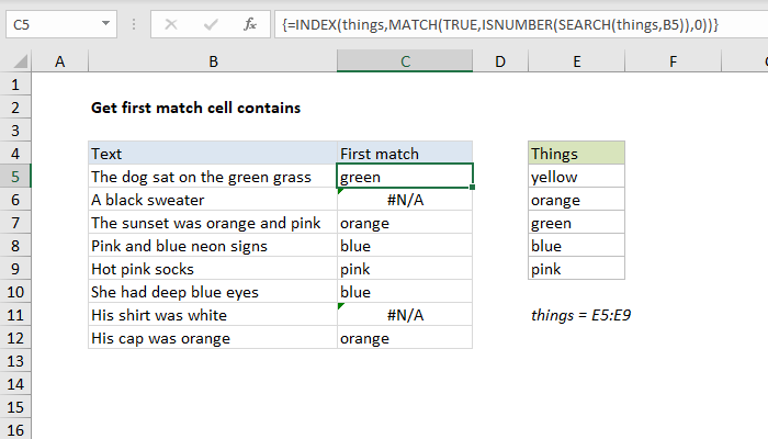 Excel formula: Get first match cell contains | Exceljet Excel formula: Get first match cell contains | Exceljet
